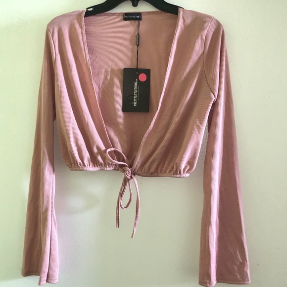 PrettyLittleThing | Tops | Plt Light Pink Long Sleeve Rib Tie Crop Top ...